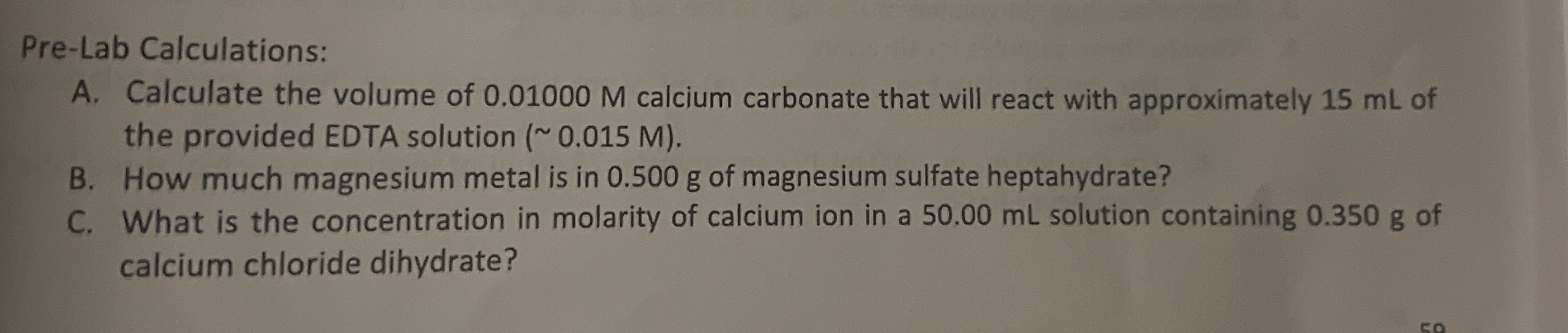 Solved Pre-Lab Calculations:A. ﻿Calculate the volume of | Chegg.com