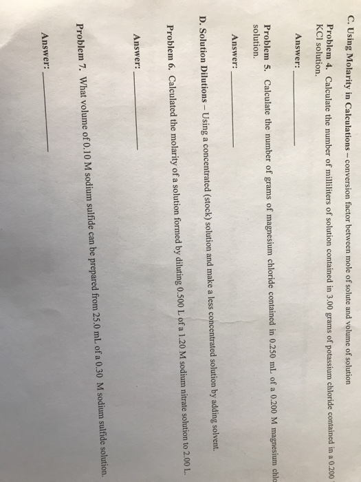 Solved C. Using Molarity in Calculations - conversion factor | Chegg.com