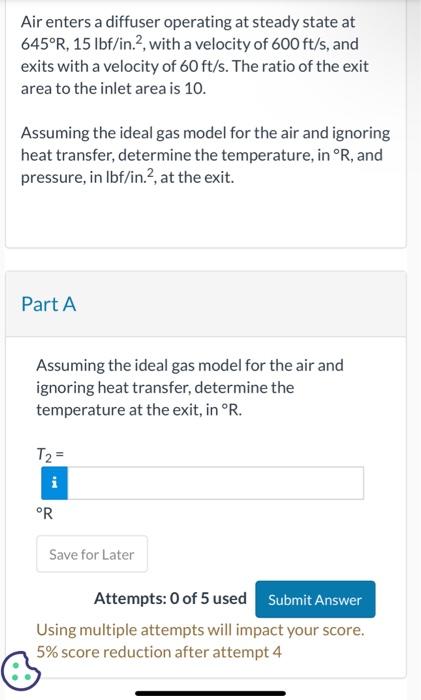 Solved Air enters a diffuser operating at steady state at | Chegg.com