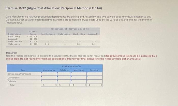 Solved Exercise 11-32 (Algo) Cost Allocation: Reciprocal | Chegg.com