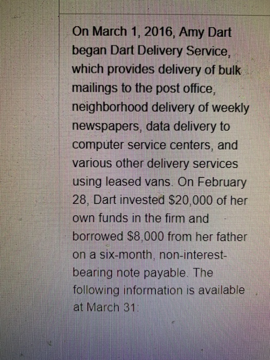 Solved On March 1, 2016, Amy Dart began Dart Delivery | Chegg.com