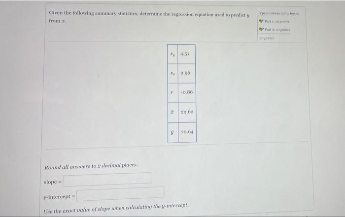 Solved Given the following summary statistics, determine the | Chegg.com