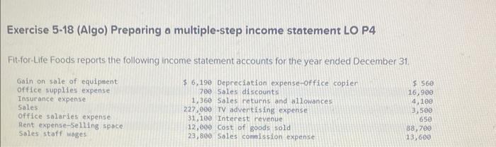 Solved Exercise 5-18 (Algo) Preparing a multiple-step income | Chegg.com