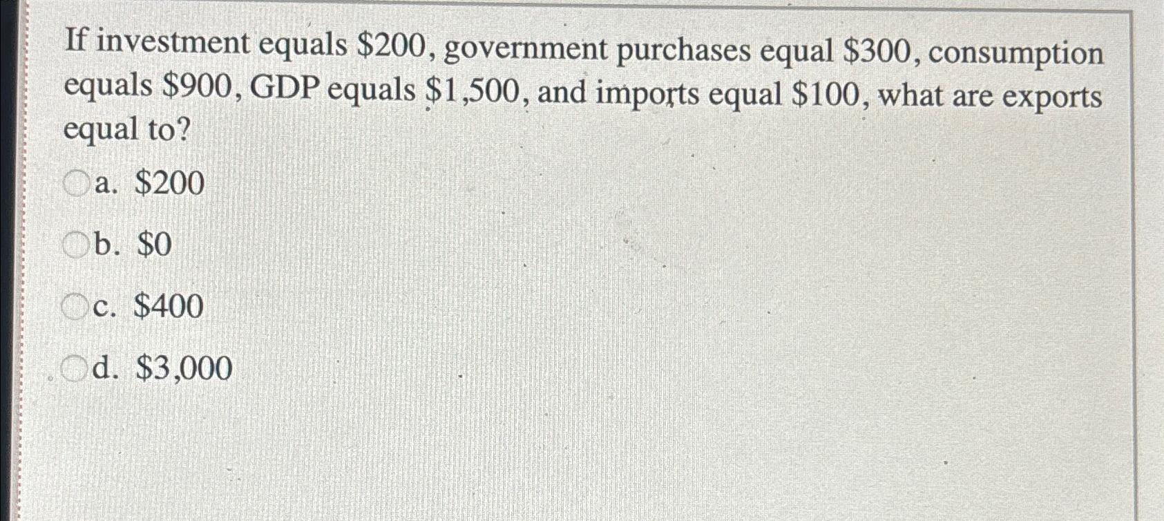 Solved If investment equals $200, ﻿government purchases | Chegg.com