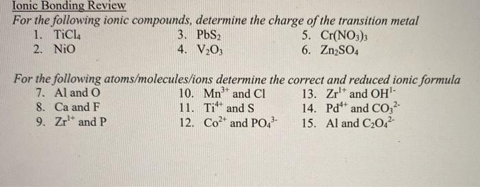 Solved Ionic Bonding Review For the following ionic | Chegg.com