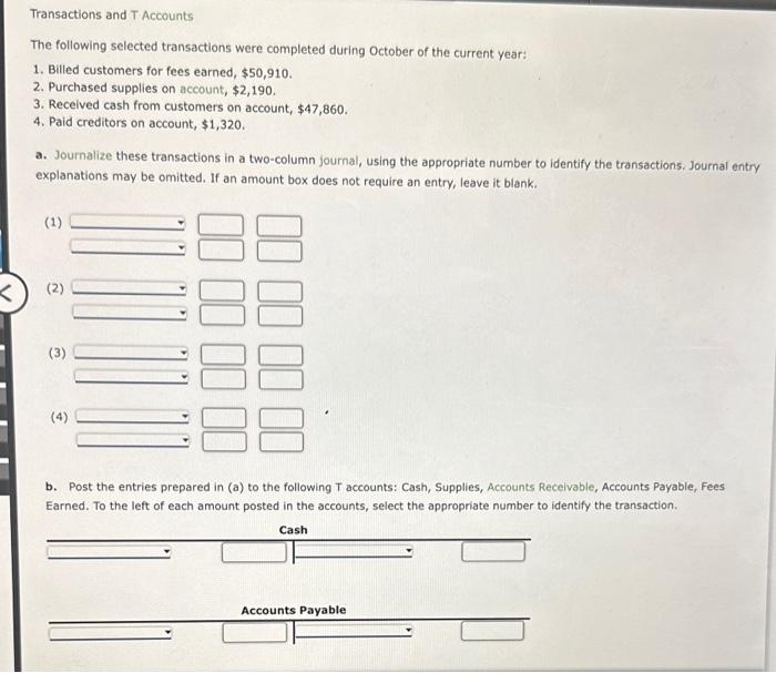 Solved Transactions and T Accounts The following selected | Chegg.com
