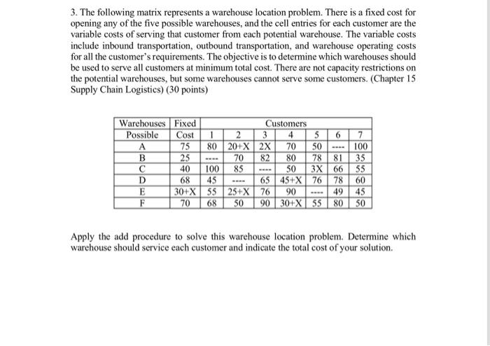 Solved 3. The following matrix represents a warehouse | Chegg.com