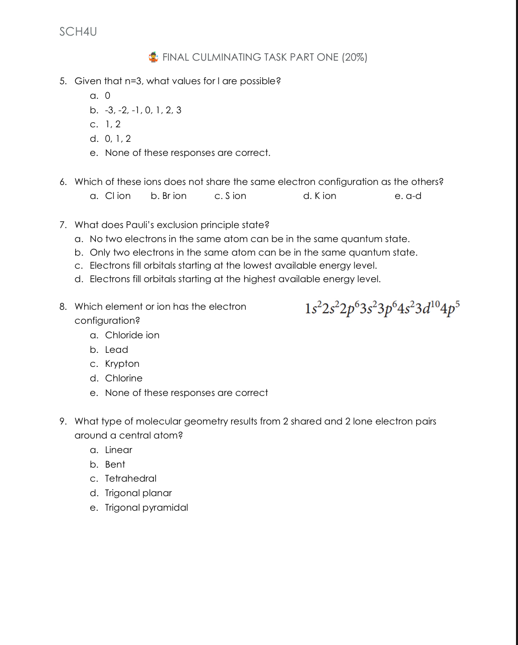 Solved SCH4UFINAL CULMINATING TASK PART ONE (20%)5. ﻿Given | Chegg.com