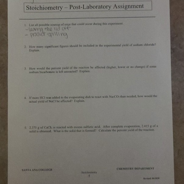 Solved Stoichiometry - Post-Laboratory Assignment 1. List | Chegg.com
