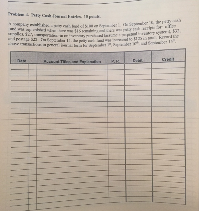 Solved Problem 4. Petty Cash Journal Entries. 15 points. A | Chegg.com