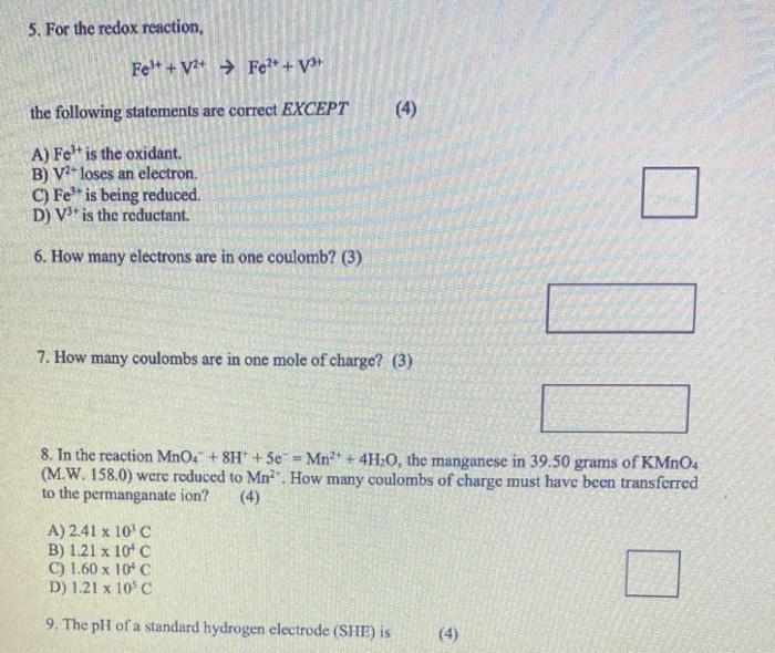 Solved 5. For the redox reaction, Fe3++V2+→Fe2++V3+ the | Chegg.com