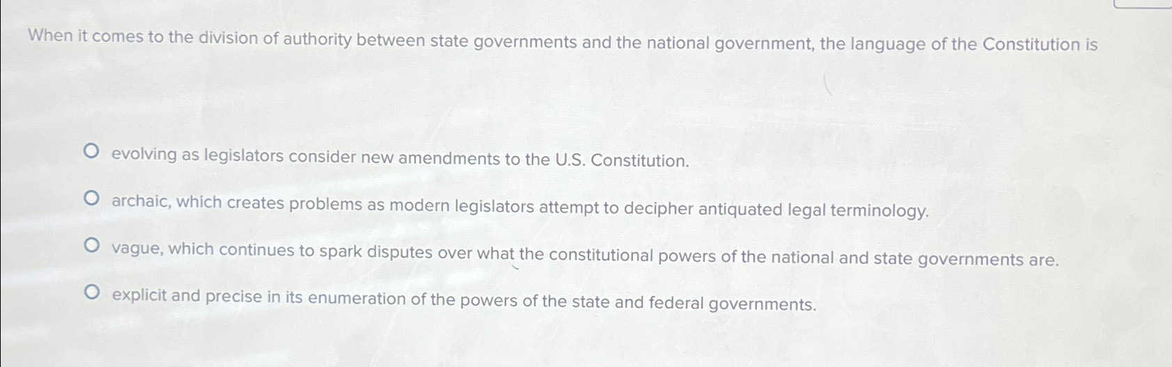 Solved When it comes to the division of authority between | Chegg.com