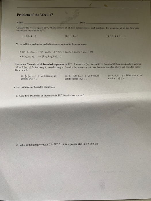 Solved Problem of the Week #7 Name: Date: which consists of | Chegg.com