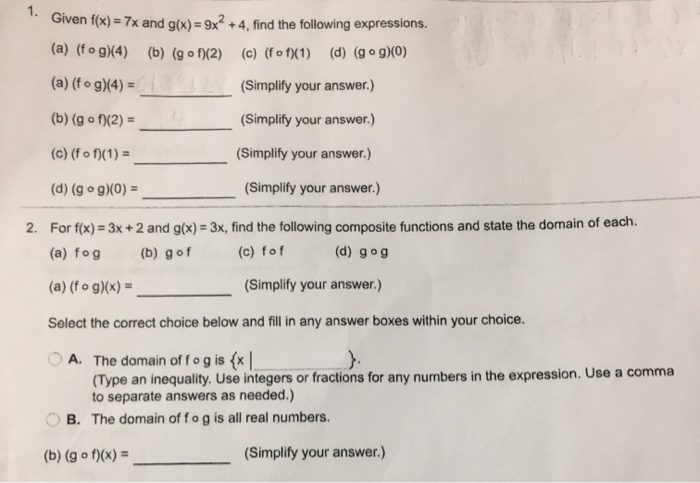 Solved 1. Given f(x) 7x and g(x) = 9x2 + 4, find the | Chegg.com