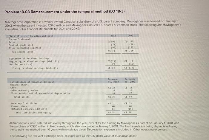 Solved Problem 18-08 Remeasurement under the temporal method | Chegg.com