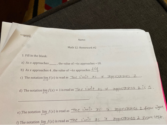 Solved Score: Name: Math 12: Homework #2 1. Fill in the | Chegg.com