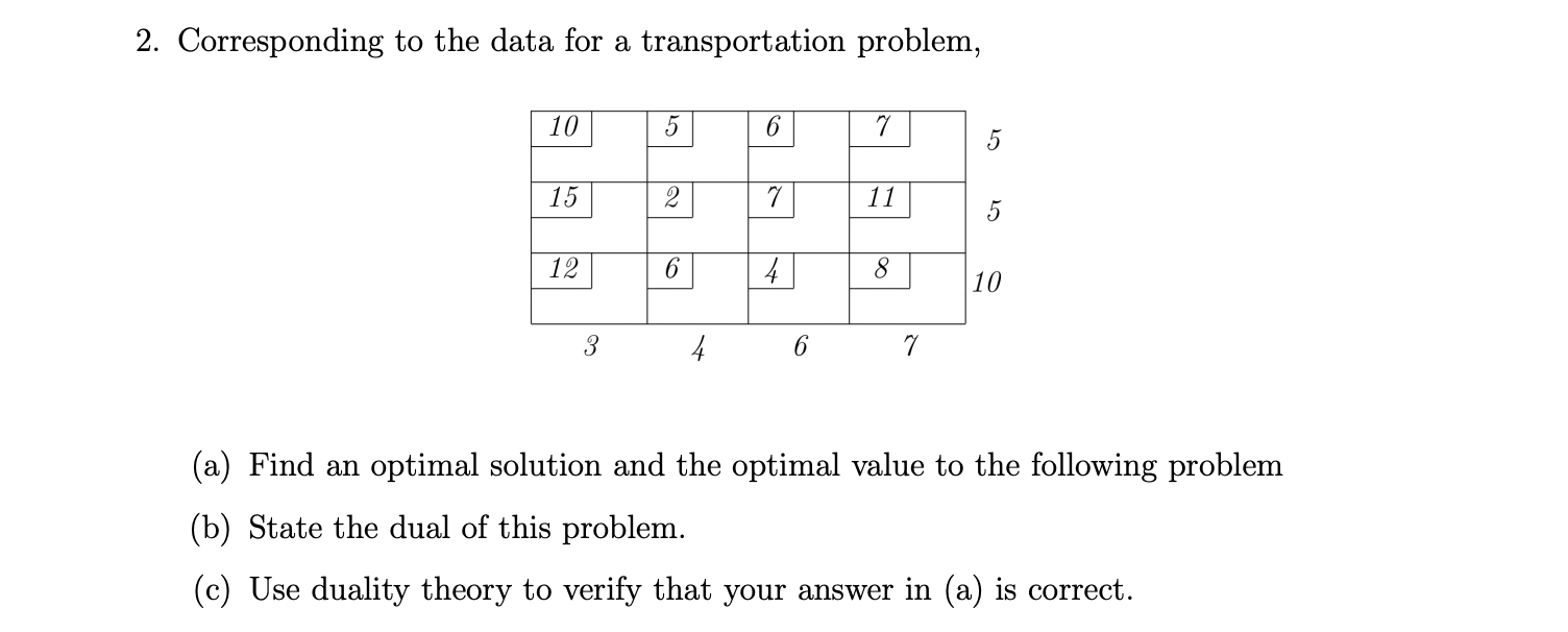 Solved Corresponding to the data for a transportation | Chegg.com