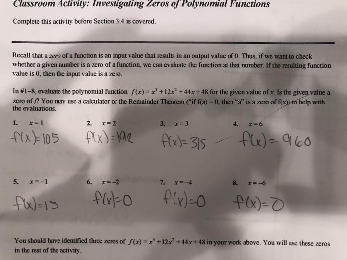 Solved Classroom Activity: Investigating Zeros of Polynomial | Chegg.com