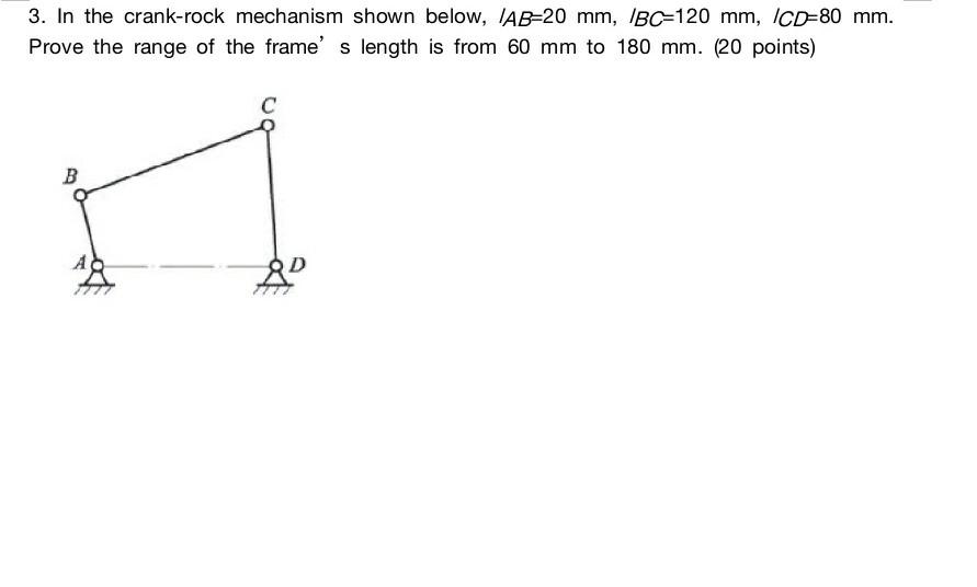 Solved 3. In the crank-rock mechanism shown below, AB=20 mm, | Chegg.com