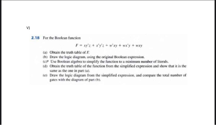 Solved V) 2.18 For the Boolean function F = xy'z + x'y': + | Chegg.com