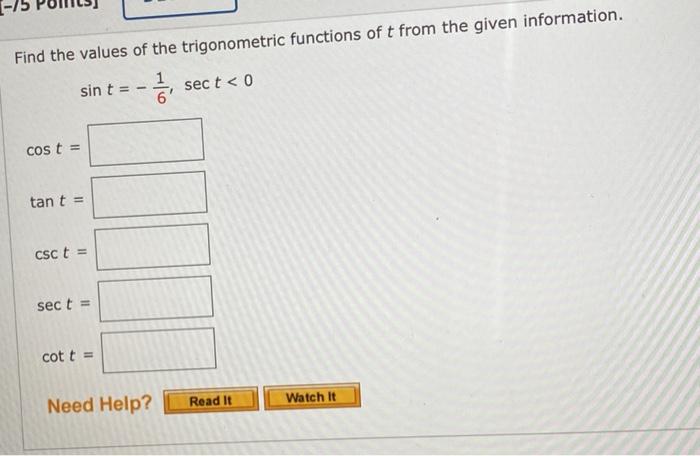 Solved Find the values of the trigonometric functions of t | Chegg.com