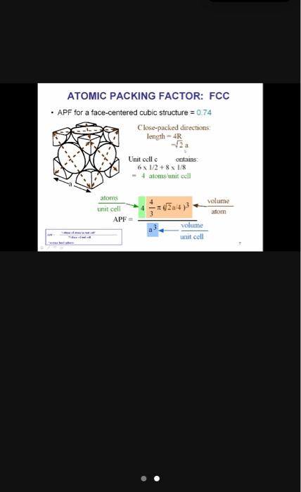 Solved ATOMIC PACKING FACTOR: FCC • APF for a face-centered | Chegg.com