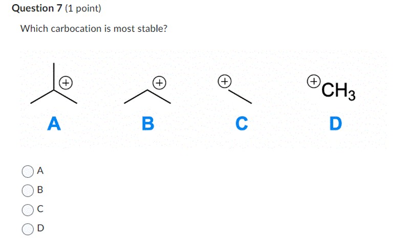Solved Which carbocation is most stable?ABC?o+CH3DABCD | Chegg.com