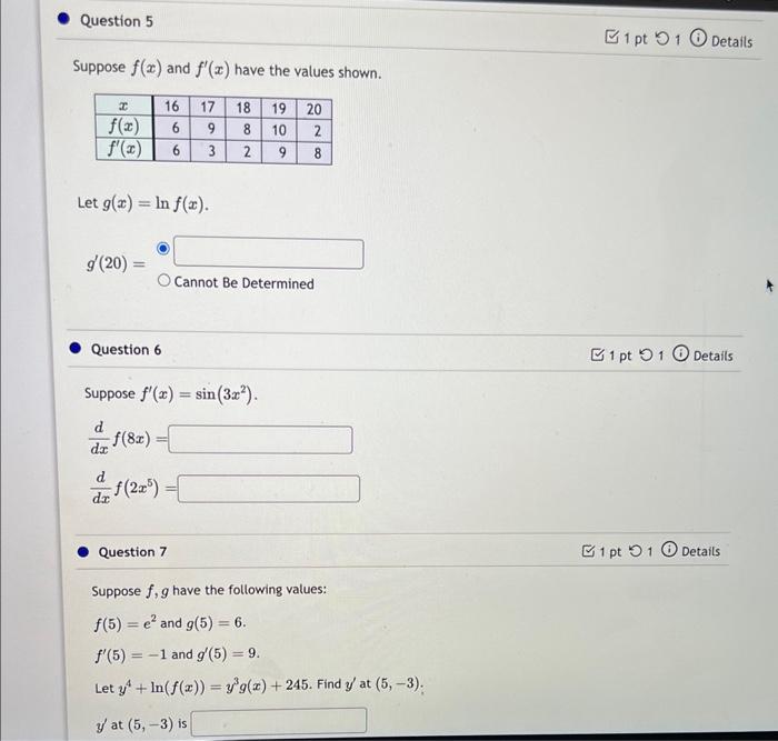 Suppose f(x) and f′(x) have the values shown. Let | Chegg.com