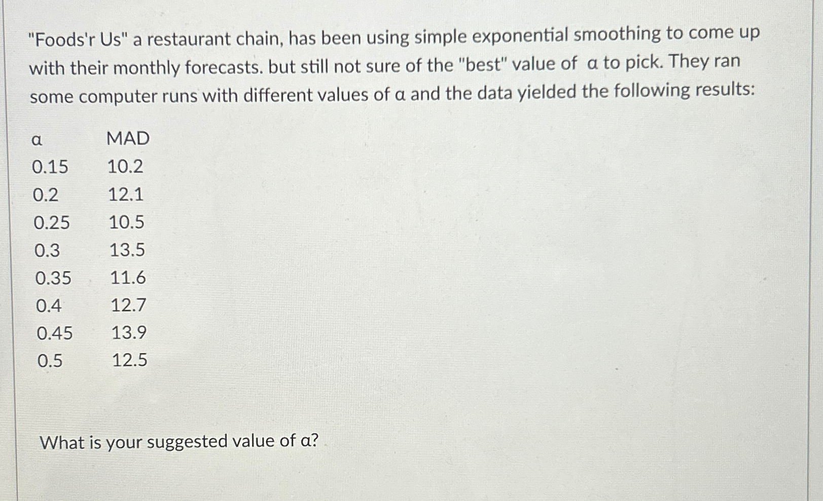 Solved "Foods'r Us" ﻿a restaurant chain, has been using | Chegg.com