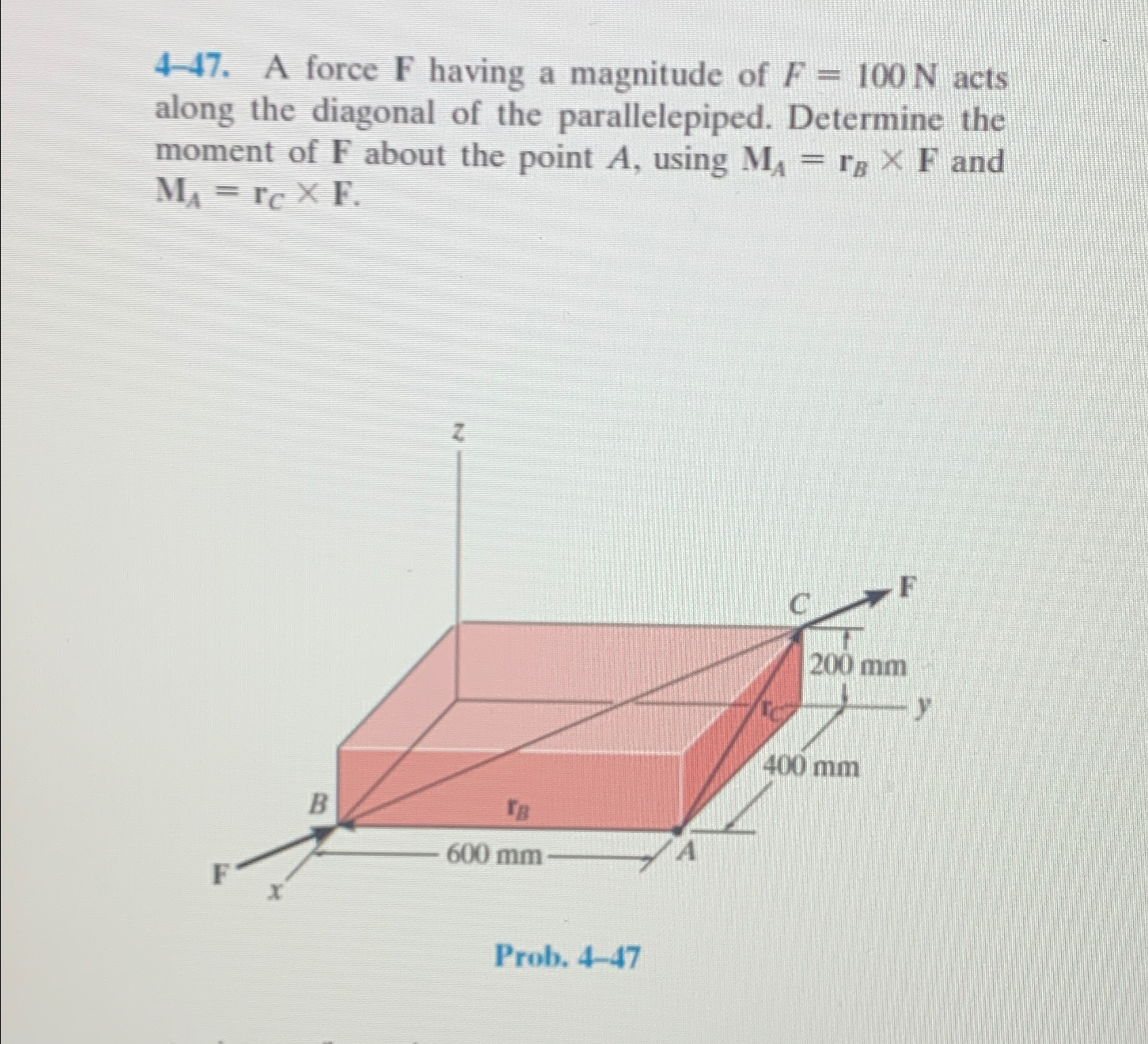 Solved 4-47. ﻿A force F ﻿having a magnitude of F=100N ﻿acts | Chegg.com