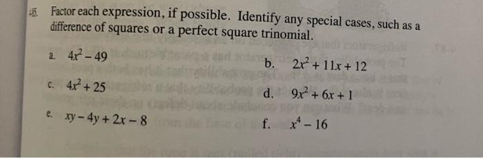 Solved Factor each expression, if possible. Identify any | Chegg.com