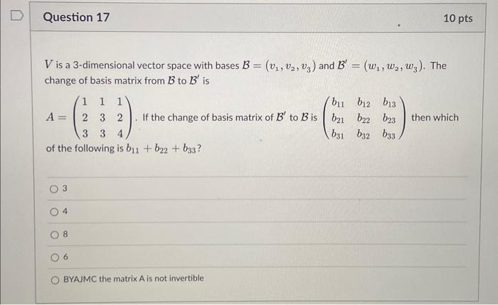 Solved V is a 3-dimensional vector space with bases | Chegg.com