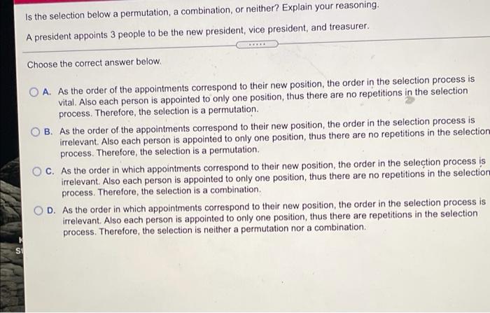 Solved Is the selection below a permutation, a combination, | Chegg.com