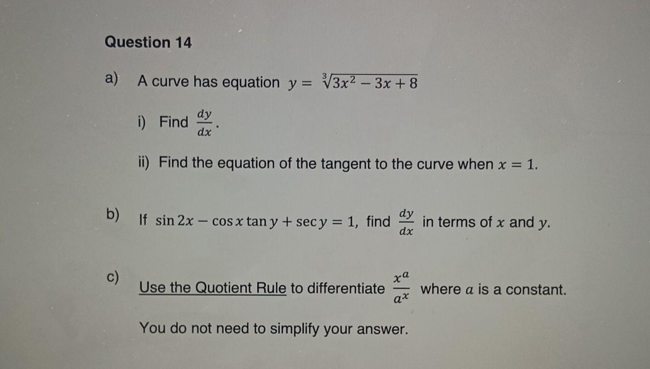 Solved a) A curve has equation y=33x2−3x+8 i) Find dxdy. ii) | Chegg.com