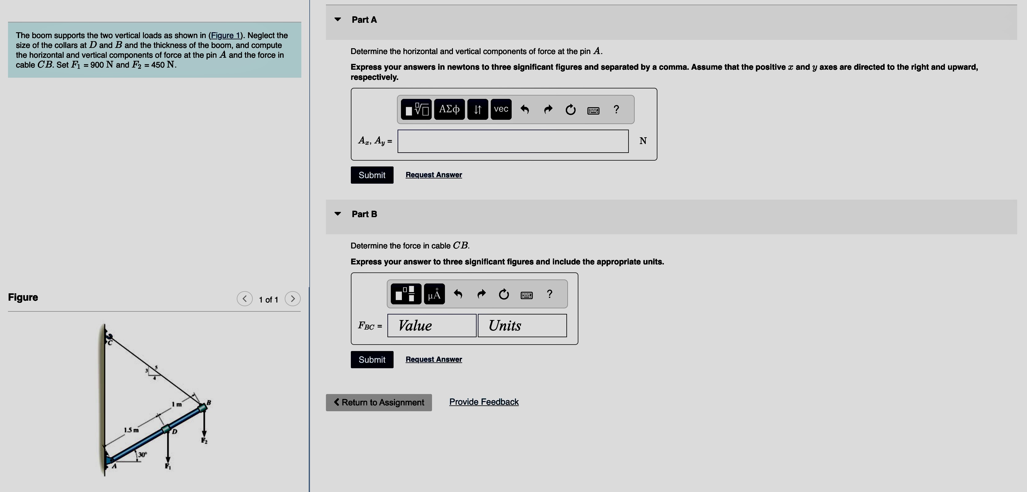 Solved The boom supports the two vertical loads as shown in | Chegg.com