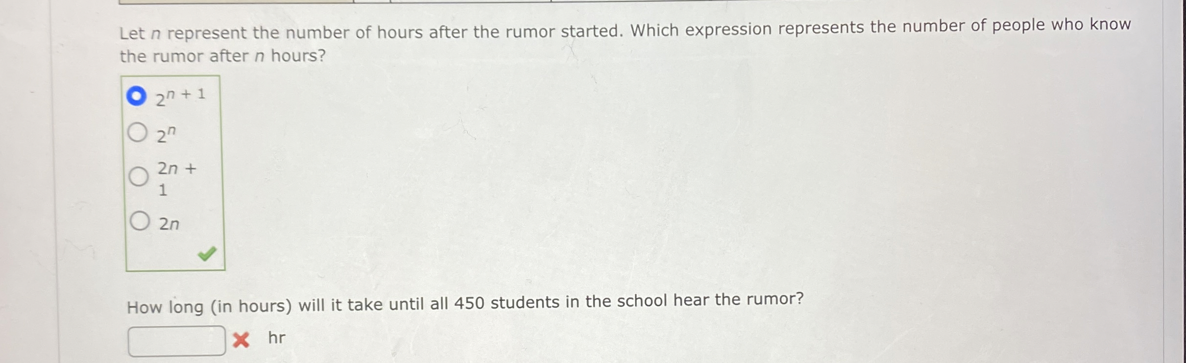 Solved Let n ﻿represent the number of hours after the rumor | Chegg.com
