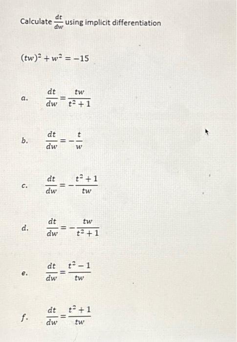 Solved Calculate dwdt using implicit differentiation | Chegg.com