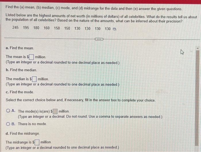 Solved Find the (a) mean, (b) median, (c) mode, and (d) | Chegg.com