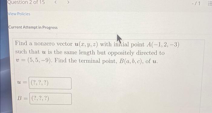Solved Find a nonzero vector u(x,y,z) with intial point | Chegg.com