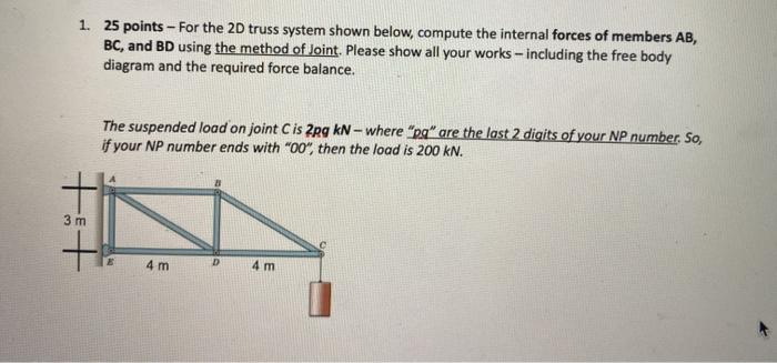 Solved 1. 25 points - For the 2D truss system shown below, | Chegg.com