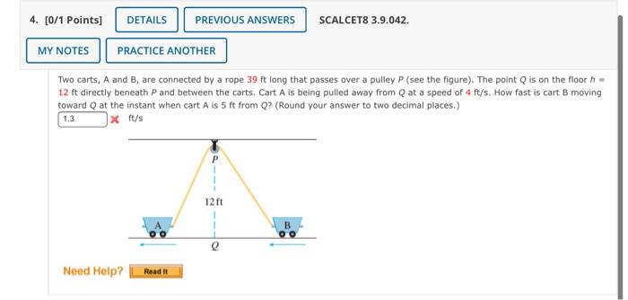 Solved Two carts, A and B are connected by a rope 39 ft long | Chegg.com
