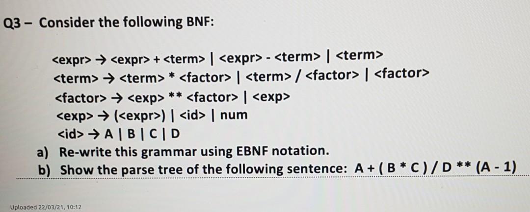 Q3 - Consider the following BNF: > + | - | → | Chegg.com