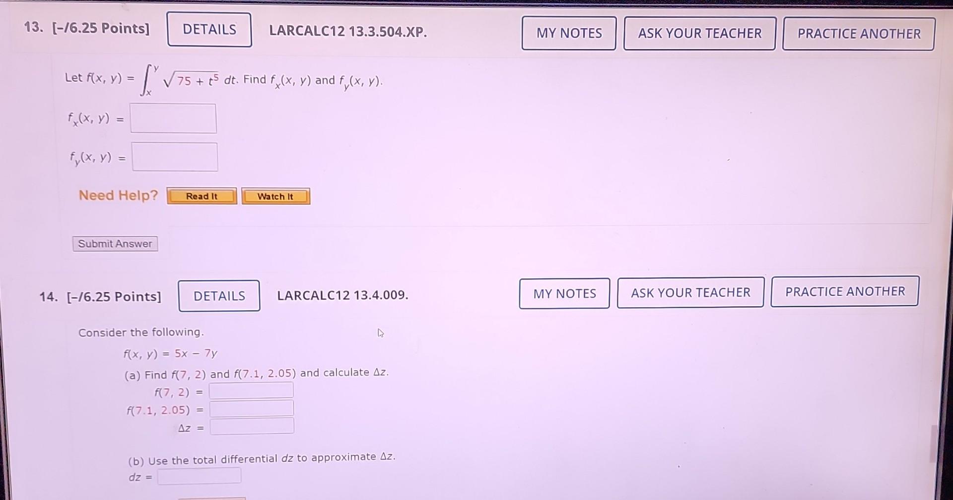 Solved 13. [−/6.25 Points] LARCALC12 13.3.504. Let | Chegg.com