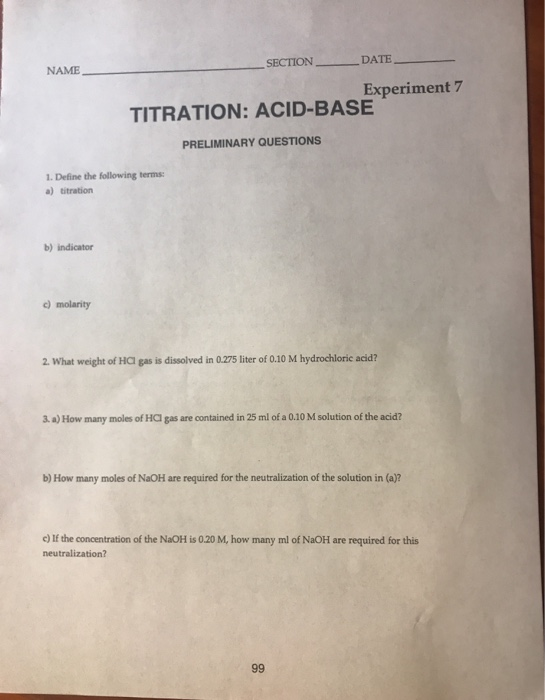 Solved DATE SECTION NAME Experiment 7 TITRATION: ACID-BASE | Chegg.com