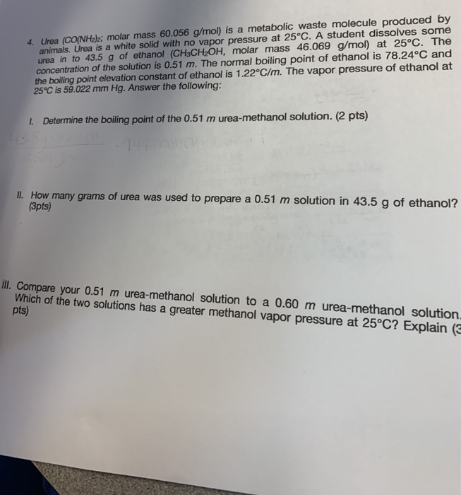 Solved 4. Urea (CO(NHa)2; molar mass 60.056 g/mol) is a | Chegg.com