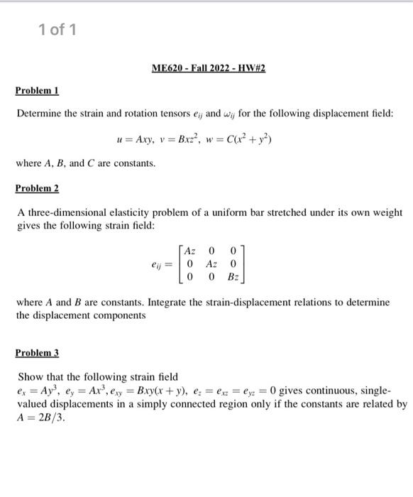 Solved Problem 1 Determine the strain and rotation tensors | Chegg.com