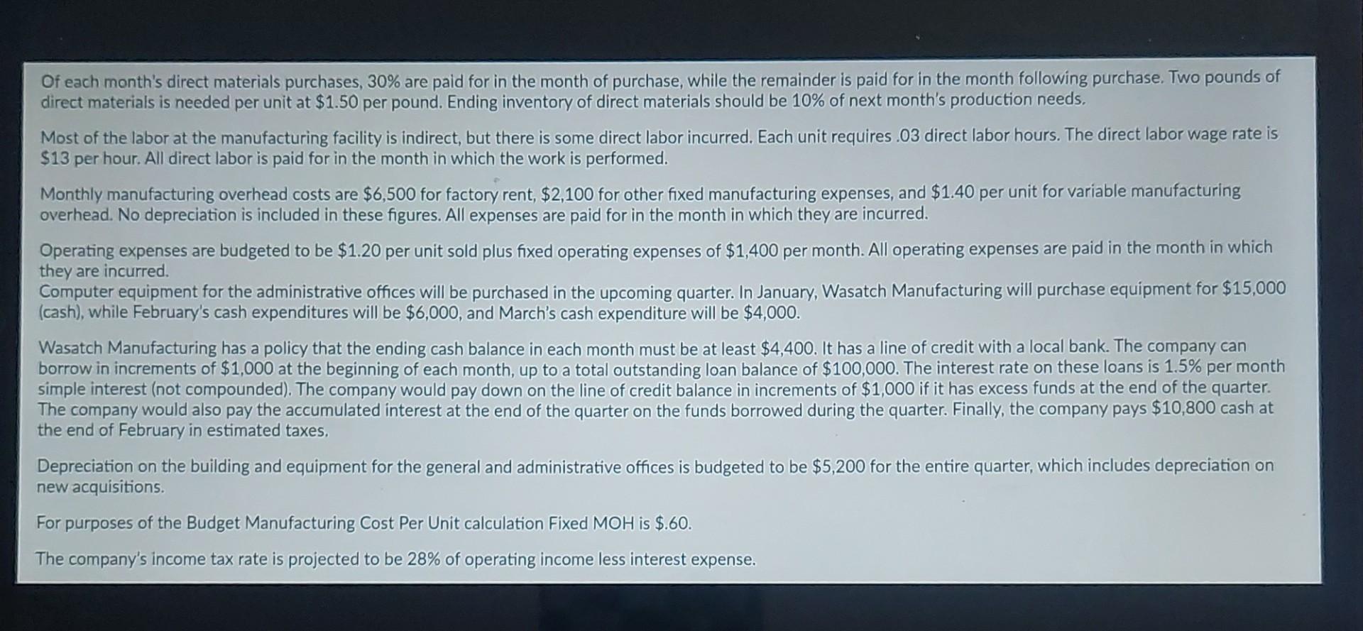 Solved Wasatch Manufacturing is preparing its master budget | Chegg.com