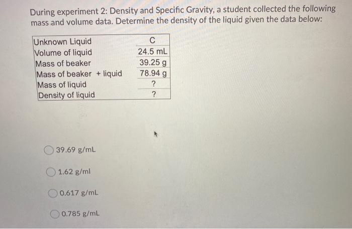 Solved During experiment 2: Density and Specific Gravity, a | Chegg.com