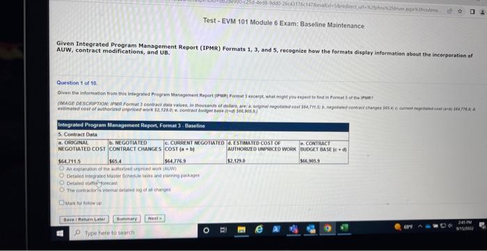 Given Integrated Program Management Report (IPMR) | Chegg.com
