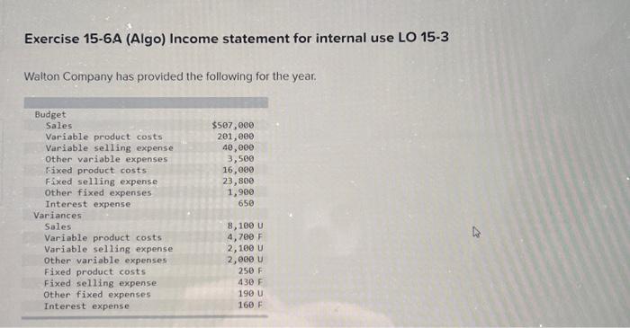 Solved Exercise 15-6.A (Algo) Income statement for internal | Chegg.com